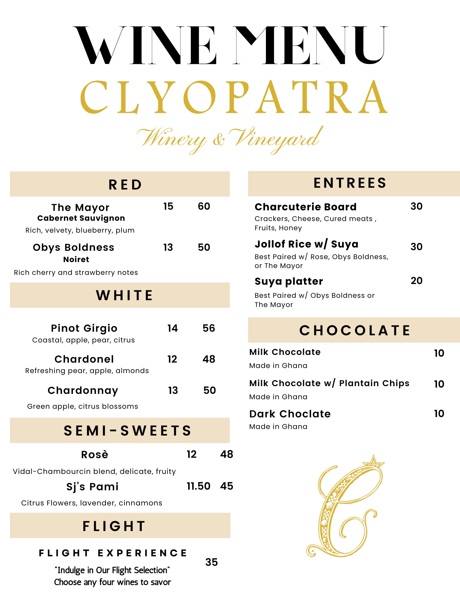 Menu – Clyopatra Winery & Vineyard