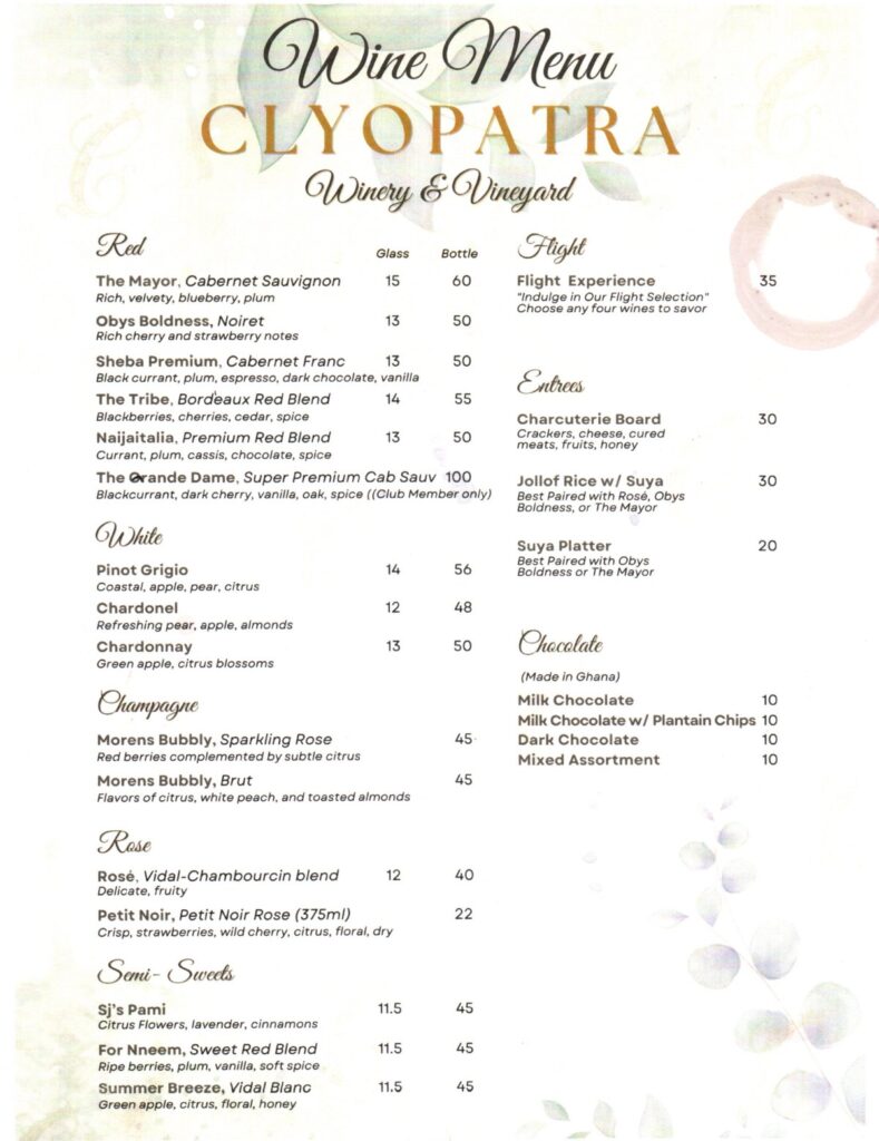 Menu – Clyopatra Winery Vineyard